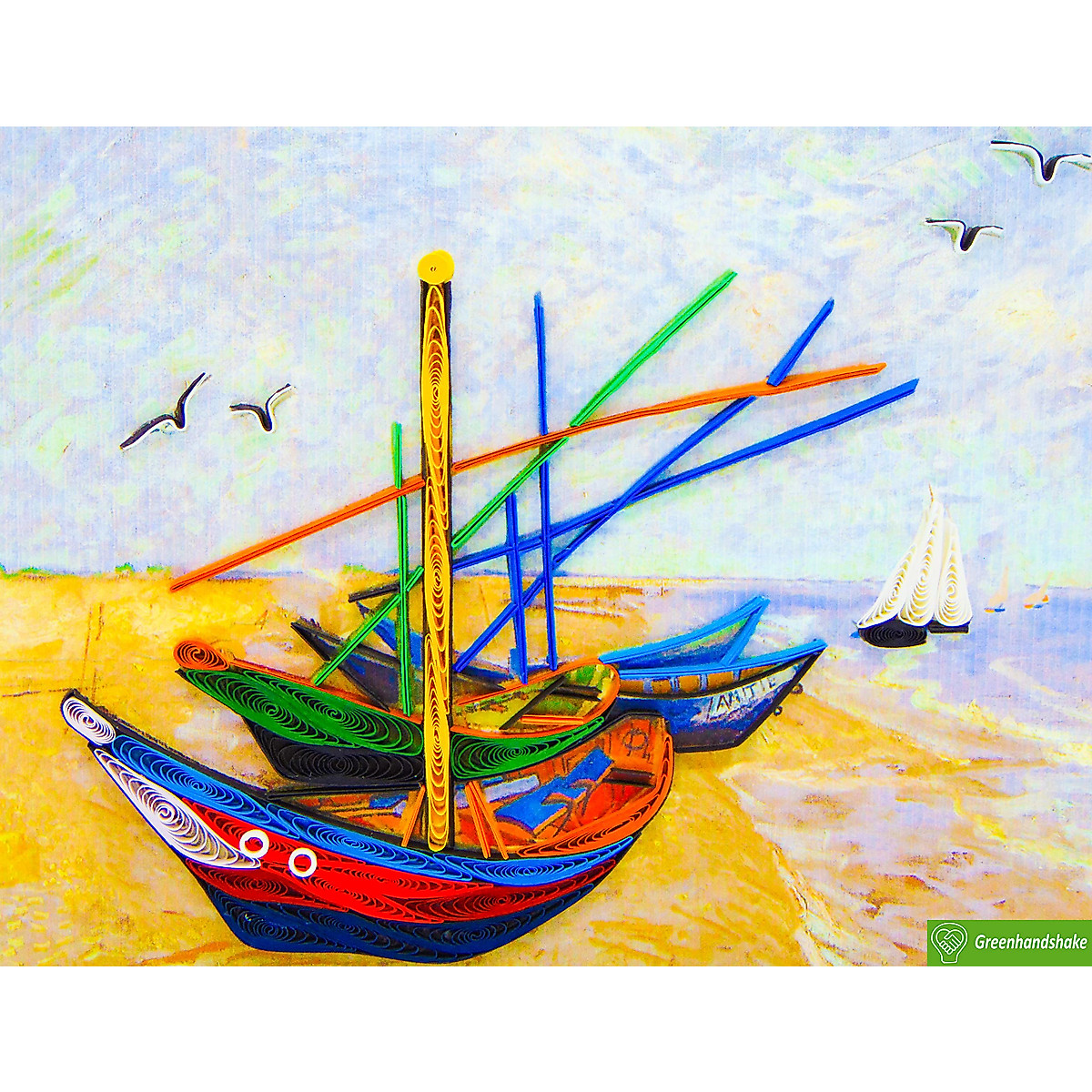 GREENHANDSHAKE Van Gogh Fishing Boats on the Beach (1888) Quilling Art Greeting Card,Design Greeting Card for Birthday, Valentine's Day, Get Well, All Occasion. Framable Artwork for Art Lovers