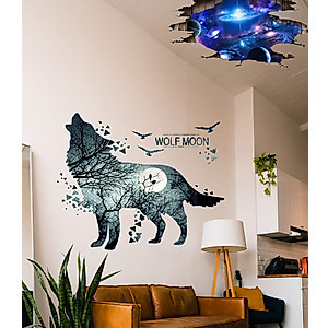 AMODA 3D Galaxy Outer Space Wall Decor,Self-Adhesive Wolf and Moon Sofa Backdrop TV Background Wall Decors,Creative Broken Wall Art Mural for Teen Bedroom Living Room Nursery Playroom