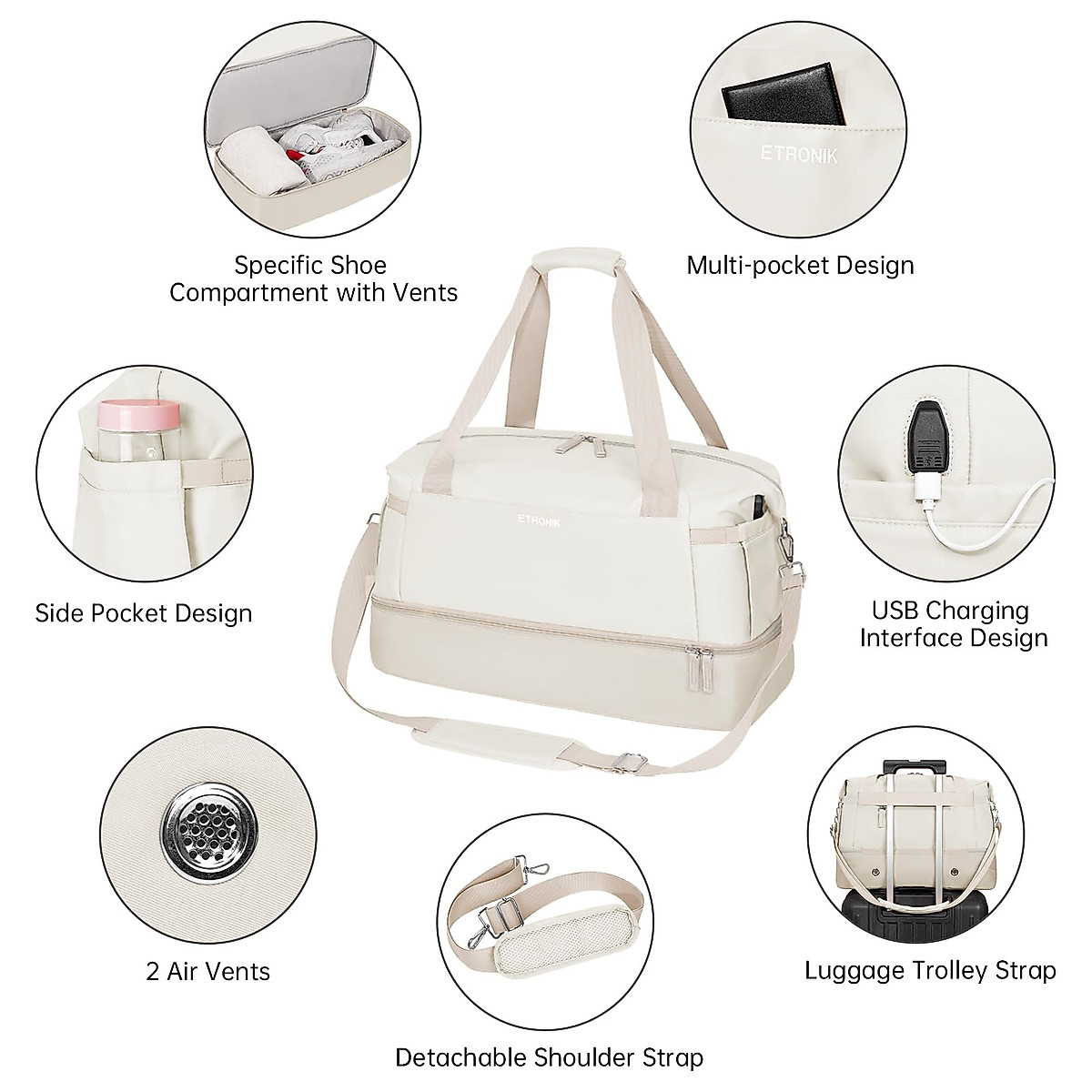 ETRONIK Gym Bag for Women, Travel Duffel Bag with USB Charging Port, Weekender Overnight Bag with Wet Pocket and Shoes Compartment for Women, Travel, Gym, Yoga (Khaki)