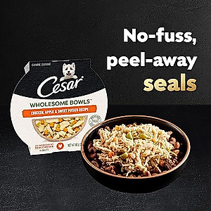 CESAR WHOLESOME BOWLS Adult Soft Wet Dog Food Variety Pack, Beef, Chicken, Carrots, Barley & Green Beans Recipe and Chicken, Apple & Sweet Potato Recipe, (6) 3 oz. Bowls