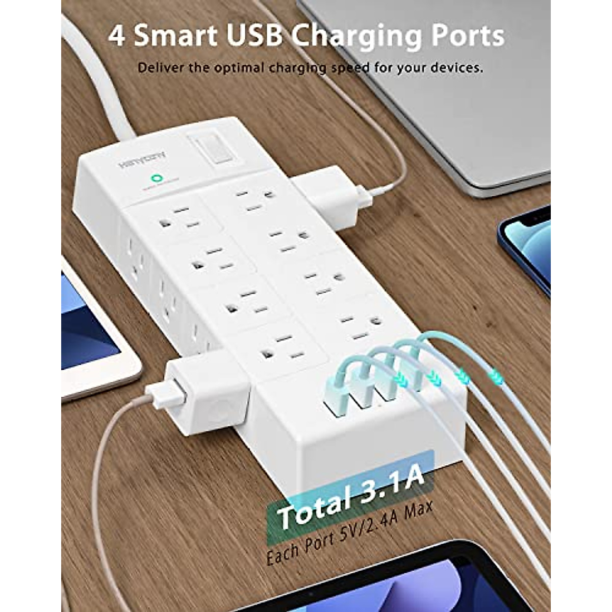 Surge Protector Power Strip 10 ft, Extension Cord with Multiple outlets, 16 Outlets Extender with 4 USB Ports, Large Power Strip with Long Cord, Wall Mountable, Flat Plug for Desktop Office Dorm Room