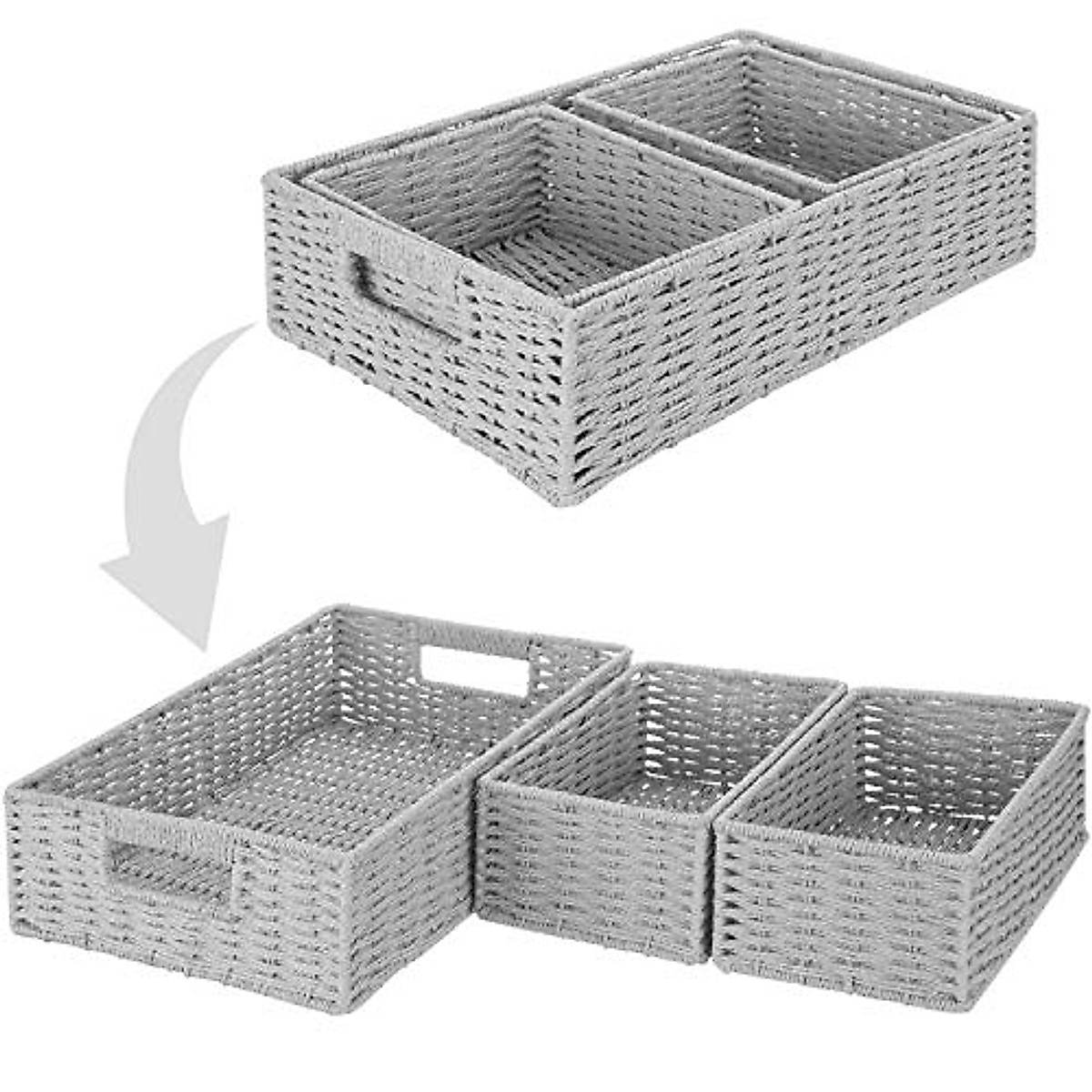 MyGift Rustic Gray Woven Storage Baskets for Bathroom Bedroom, Decorative Small Nesting Basket for Organizing Shelf Container Bins, 3 Pack