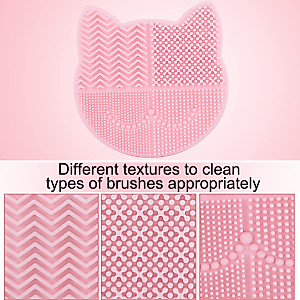 2 in 1 Design Makeup Brush Cleaning Mat with Brush Drying Holder, Silicon Cat Shaped Brush Cleaner Pad & Cosmetic Brush Organizer Rack, Portable Washing Tool for Makeup (Pink)