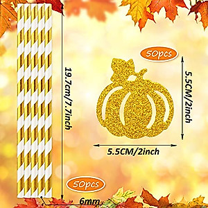 Whaline 50Pcs Thanksgiving Fall Pumpkin Paper Straws Glitter Gold Foil White Stripe Disposable Straws Fall Harvest Drinking Straws with Glue Points for Autumn Thanksgiving Wedding Party Table Decor