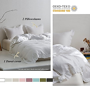 Simple&Opulence 100% Linen Duvet Cover Set, 3 PCS Natural French Flax White Ruffle Duvet Cover King Size, Breathable Comfy Linen Bedding Comforter Cover with 2 Pillowcases (White, 104"X92")