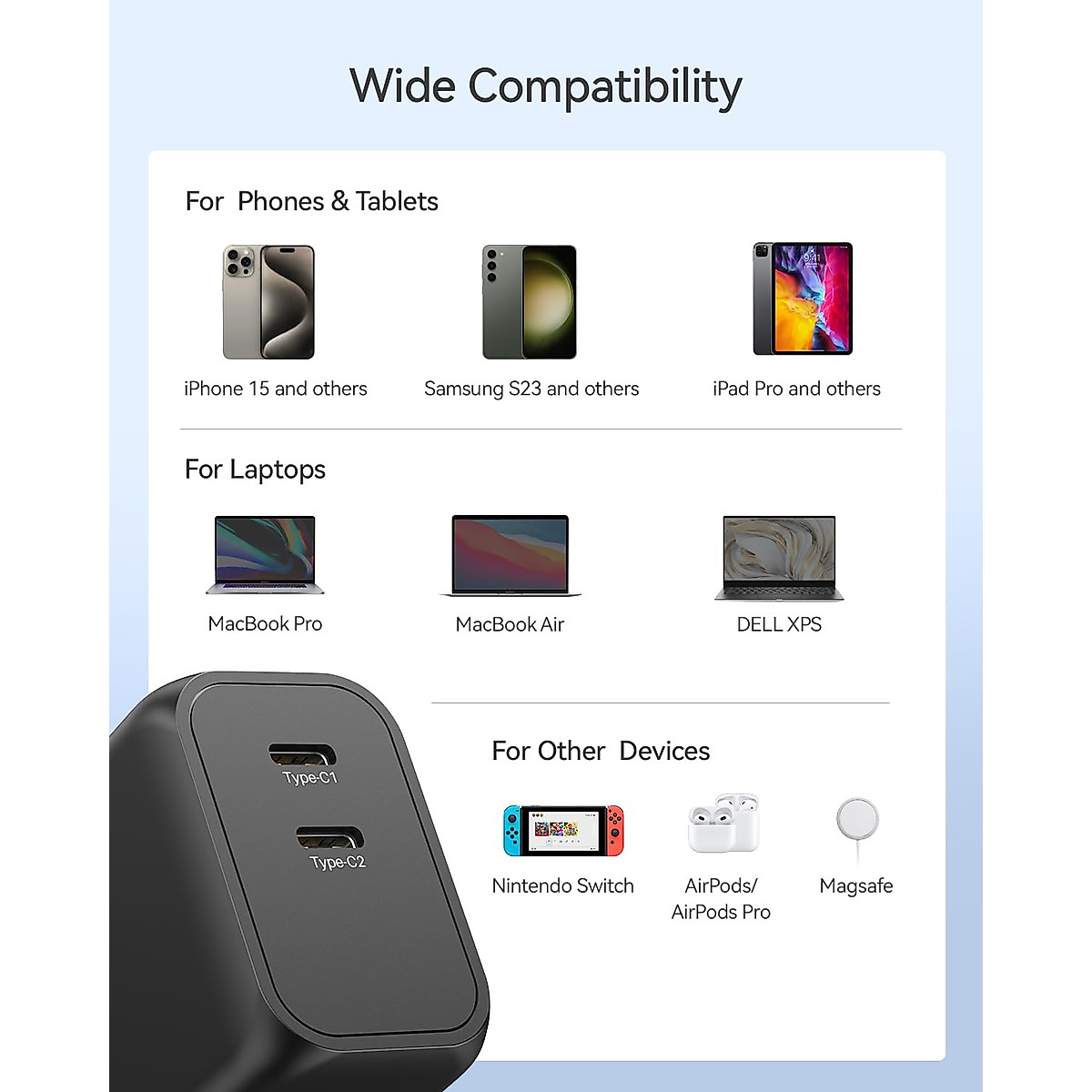 45W USB C Charger, K&ZZ Dual USB-C GaN Charger Foldable PD Super Fast Charger Block Compact Type C Wall Charger for iPhone 15/ 15Pro, Galaxy S23 Ultra/ S22/ Note, MacBook, iPad (45W, Black)