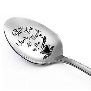 family Kitchen Funny Stir Your Tea and Think of Me Engraved Stainless Steel Coffee Tea Spoon, Coffee Tea Lover Gift for Husband Wife Couple Birthday Valentine Anniversary Christmas Gift