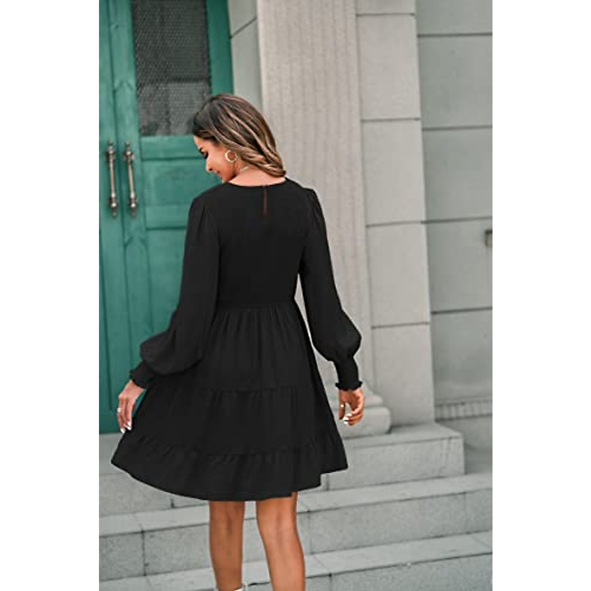 MEROKEETY Women's Fall Long Sleeve Crew Neck Smocked High Waist A Line Swing Mini Dress, Black, S