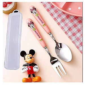 Meet Beauty Ding 1Set Stainless Steel Minnie Spoon Fork Set Pink Kid's Flatware with A Container Girl Children's Tableware Female Student's Cartoon Dinnerware Meal Tool（Made in China