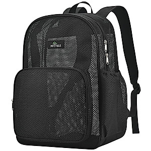 MAY TREE Heavy Duty Mesh Backpack, Semi-Transparent Mesh Backpack, See Through Mesh Backpack for Commuting, Swimming, Travel, Beach, Outdoor Sports (Black)
