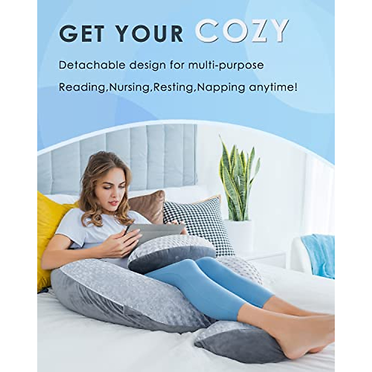 QUEEN ROSE Pregnancy Pillows, E Shaped Full Body Pillow for Sleeping, with Pregnancy Wedge Pillow for Belly Support, 60 Inch Maternity Pillow for Side Sleeper, Grey Bubble Velvet
