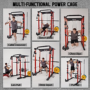 MAJOR LUTIE Power Cage, PLM03 1400 lbs Multi-Function Power Rack with Adjustable Cable Crossover System and More Training Attachment