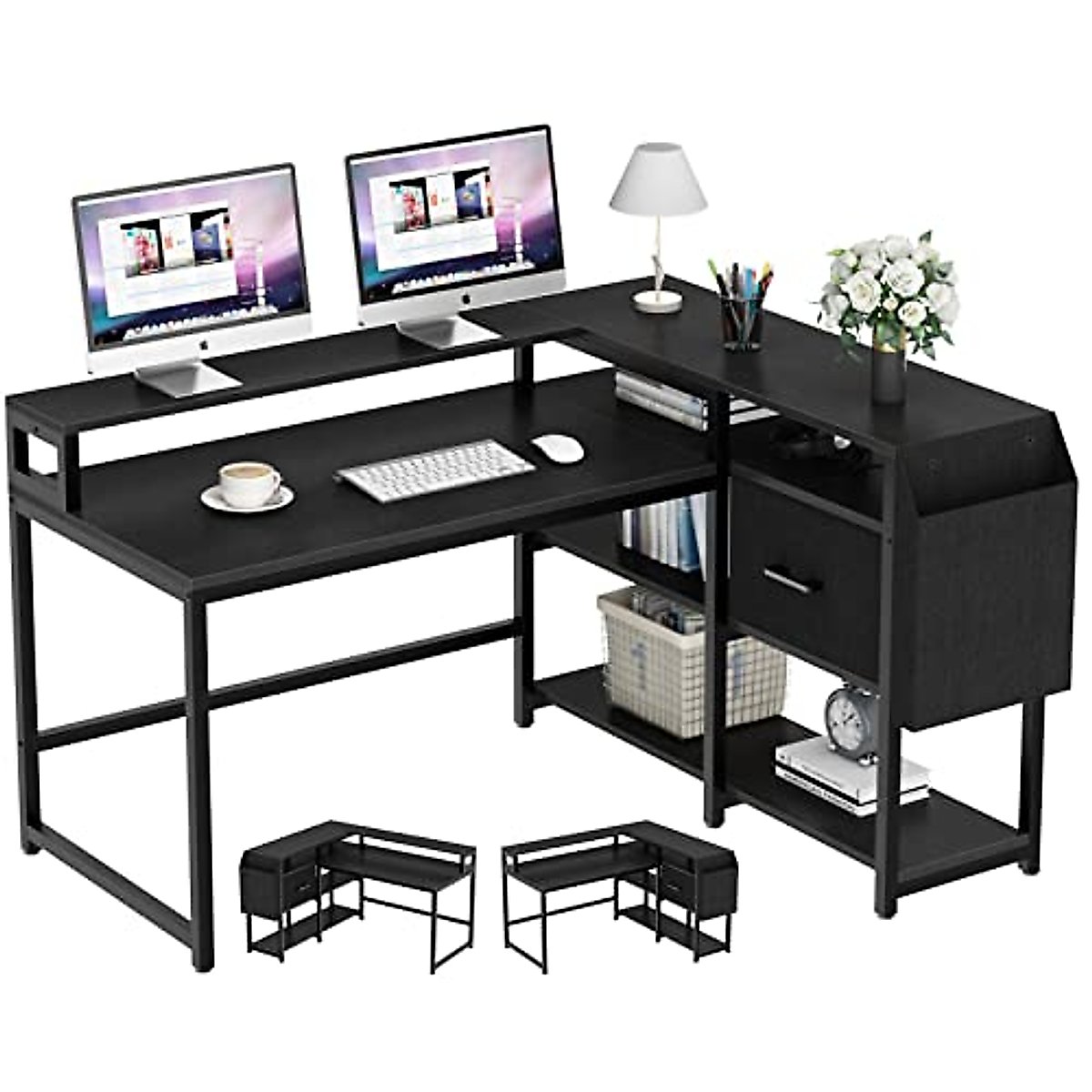 Loomie Reversible L Shaped Computer Desk with Drawer, 55" W x 41" D Industrial Corner Computer Desk with 4 Tier Storage Shelves & Monitor Stand and Storage Bag, Study Table for Home Office, Black