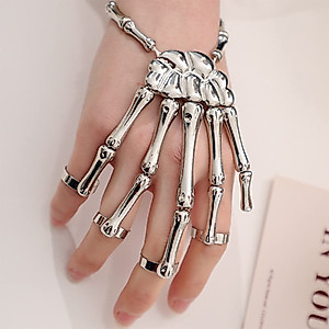 YERTTER Halloween Skull Skeleton Hand Bracelet with Ring Handmade Wristband Skull Fingers Metal Hand Bracelet Adjustable for Women Men Gifts (Silver)