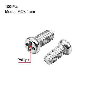 uxcell M2x4mm Phillips Screw Fastener Silver Tone 2.8mm Dia Screw Head for Laptop PC TV Fan Audio Switch 100pcs