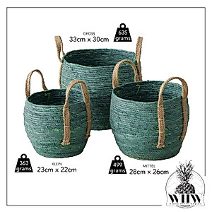 Farmers 3 Piece Basket Set, Green Dye Soaked Floor and Shelf Organizers, Corn Husk Wicker, Durable Chunky Rope Weave, Handles, Stitched, Reinforced, Rustic Home Decor, Round, 13, 11, 9 Inches