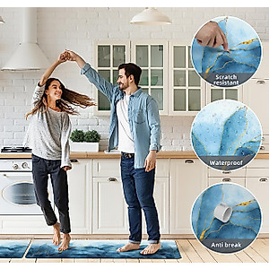 chiinvent Blue Kitchen Rugs Gold Stripes Modern Ink Art Decor Kitchen Floor Mat Cushioned Memory Foam Padded PVC Leather Heavy Duty Comfort Standing Runner Rugs, 17.3x28+17.3x47 inch