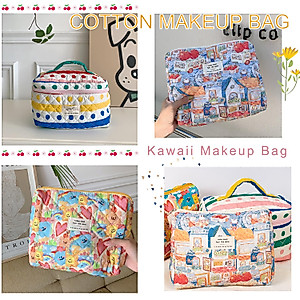 Cotton Quilted Makeup Bag Cut Cosmetic Pouch Large Capacity Flap Handheld Travel Cosmetic Bag Kawaii Coquette Aesthetic Floral Toiletry Bag for Women (Bunny)
