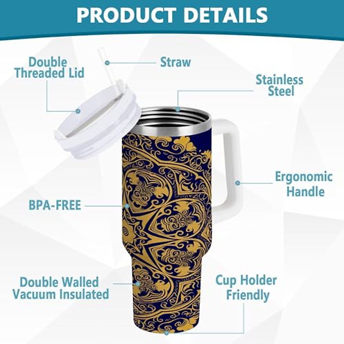 RPLIFE Intricate Swirls and Floral Navy Tumbler with Handle, Stainless Steel Mug, Cups with Lids and Straws