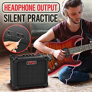 Pyle Portable Electric Guitar Amp, 10W Wall Powered Mini Amplifier with 5" High Definition Speaker, Distortion, Headphone Out