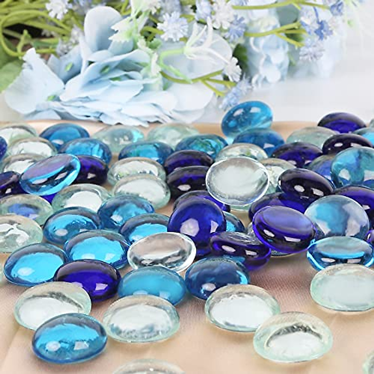 FUTUREPLUSX Flat Glass Marbles 1Lb, 100PCS Fill 0.3L Vol. Premium Blue Mixed Color Flat Gems Fish Tank Rocks Vase Filler Beads Table Scatter Décor