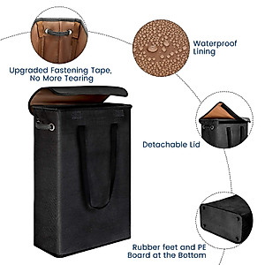 Slim Laundry Basket with Lid, Tall Thin Laundry Hamper with Handles, Waterproof Lining Narrow Dirty Clothes Hamper for Bathroom Bedroom Dorm Nursery Organization Storage (45L, Black)