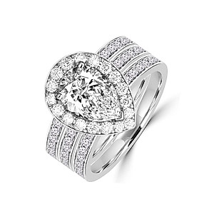 Diamonbella Realistic Simulated Diamond Pear Shaped Halo Ring Double Band Set 2 Carat Solid 925 Silver Platinum Plated DBP65