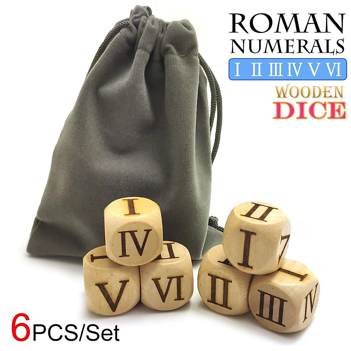 Hometu Set of 6 Pieces 20MM Wood Dice Set Creative Design Roman Number Pattern Wood Rolling Dices Party Game Roll Decider