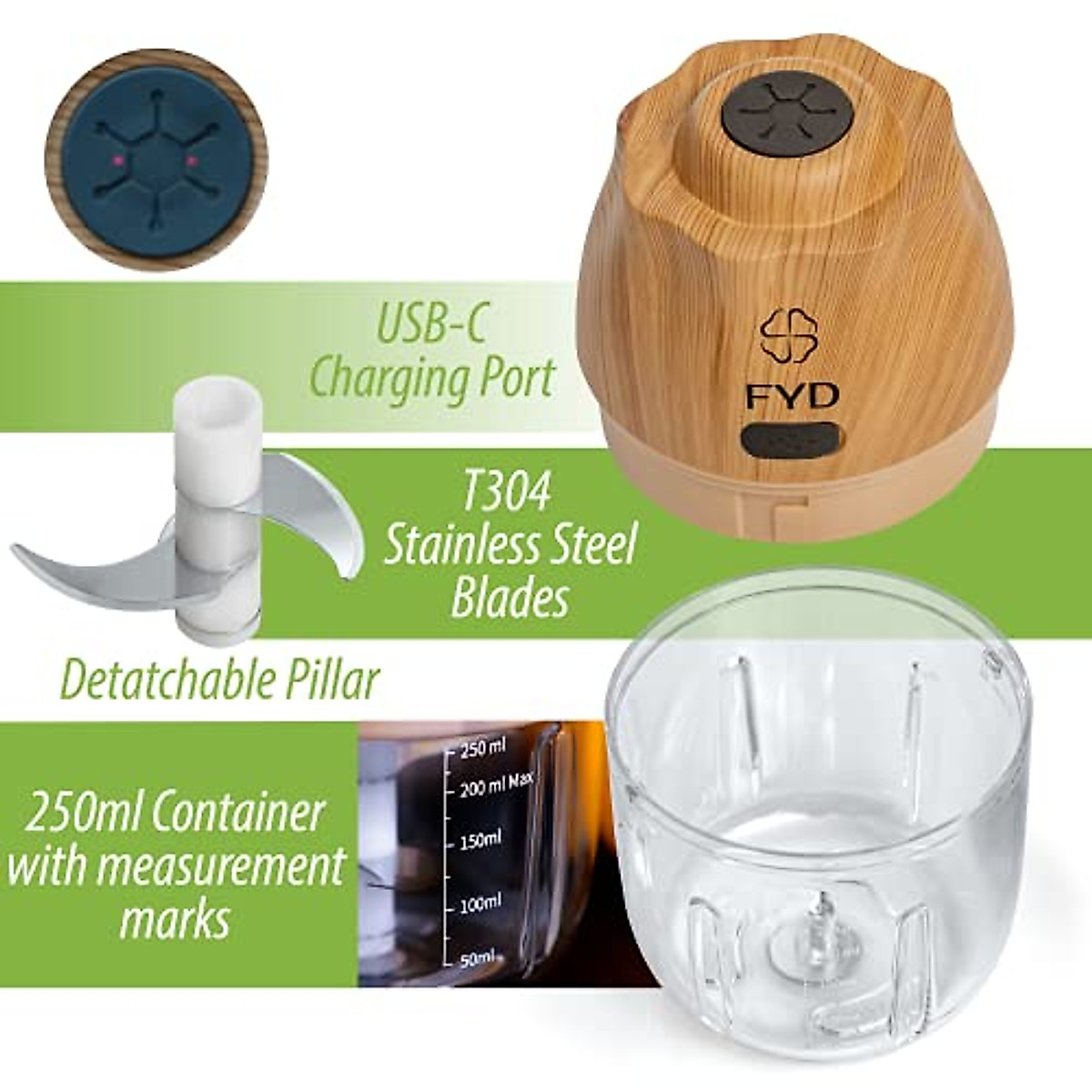 FYD Electric Garlic Chopper, Portable Onion Chopper - Spice Grinder Electric with Type C Charge Port - Veggie Chopper for Chili Ginger Onion Vegetable Fruit and Nuts - 250ML (Light Wood)