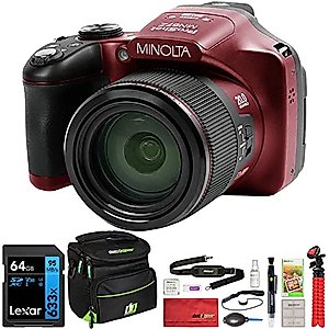 Minolta MN67Z-BK 20MP / 1080p HD Bridge Digital Camera with 67x Optical Zoom Bundle with Lexar Professional 633x 64GB UHS-1 Class 10 SDXC Memory Card and Deco Gear Camera Bag for DSLR (Red)