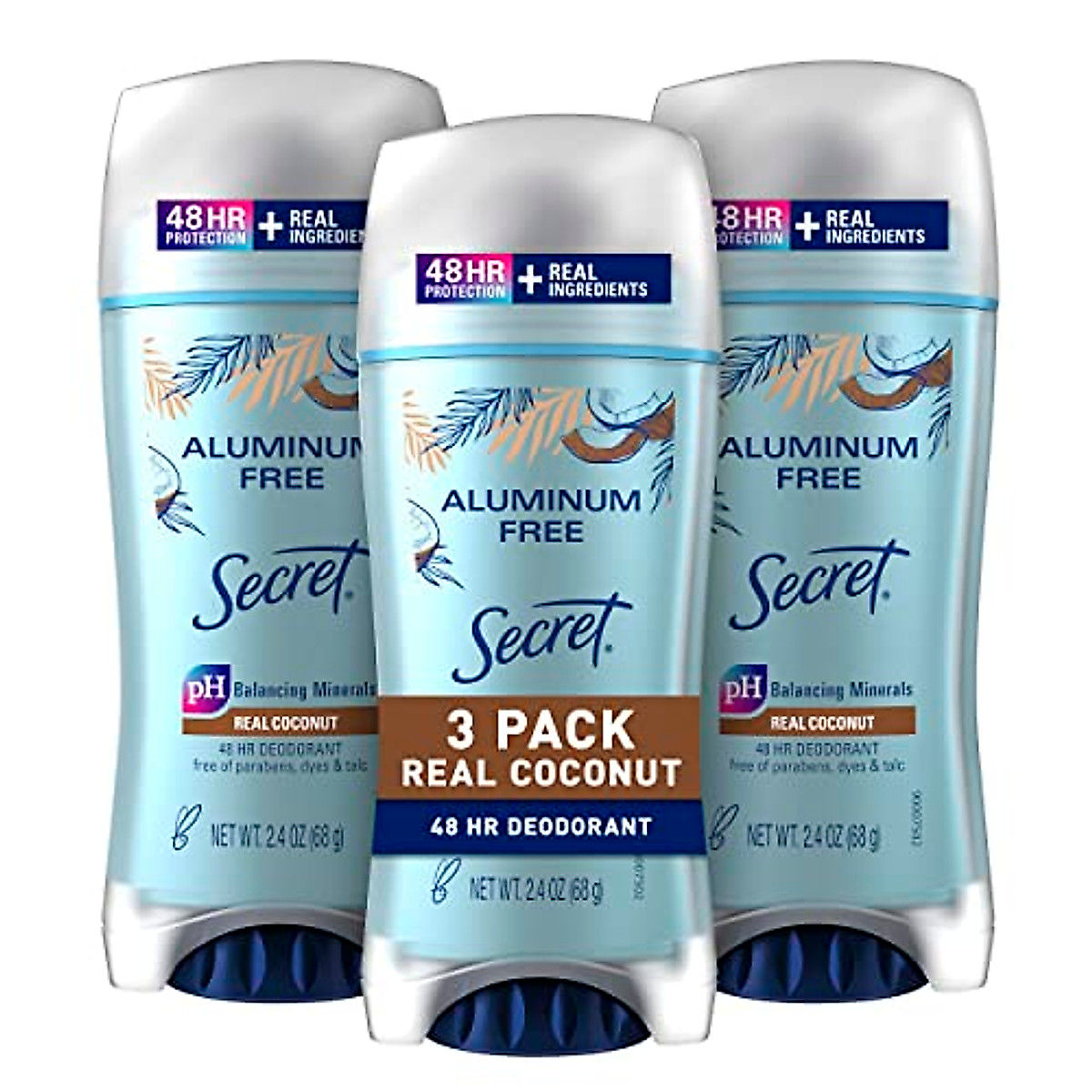 Secret Aluminum Free Deodorant for Women, 48hr Odor Protection, Free of Parabens Dyes Talc & Baking Soda, Coconut Scent, 2.4 oz (Pack Of 3)