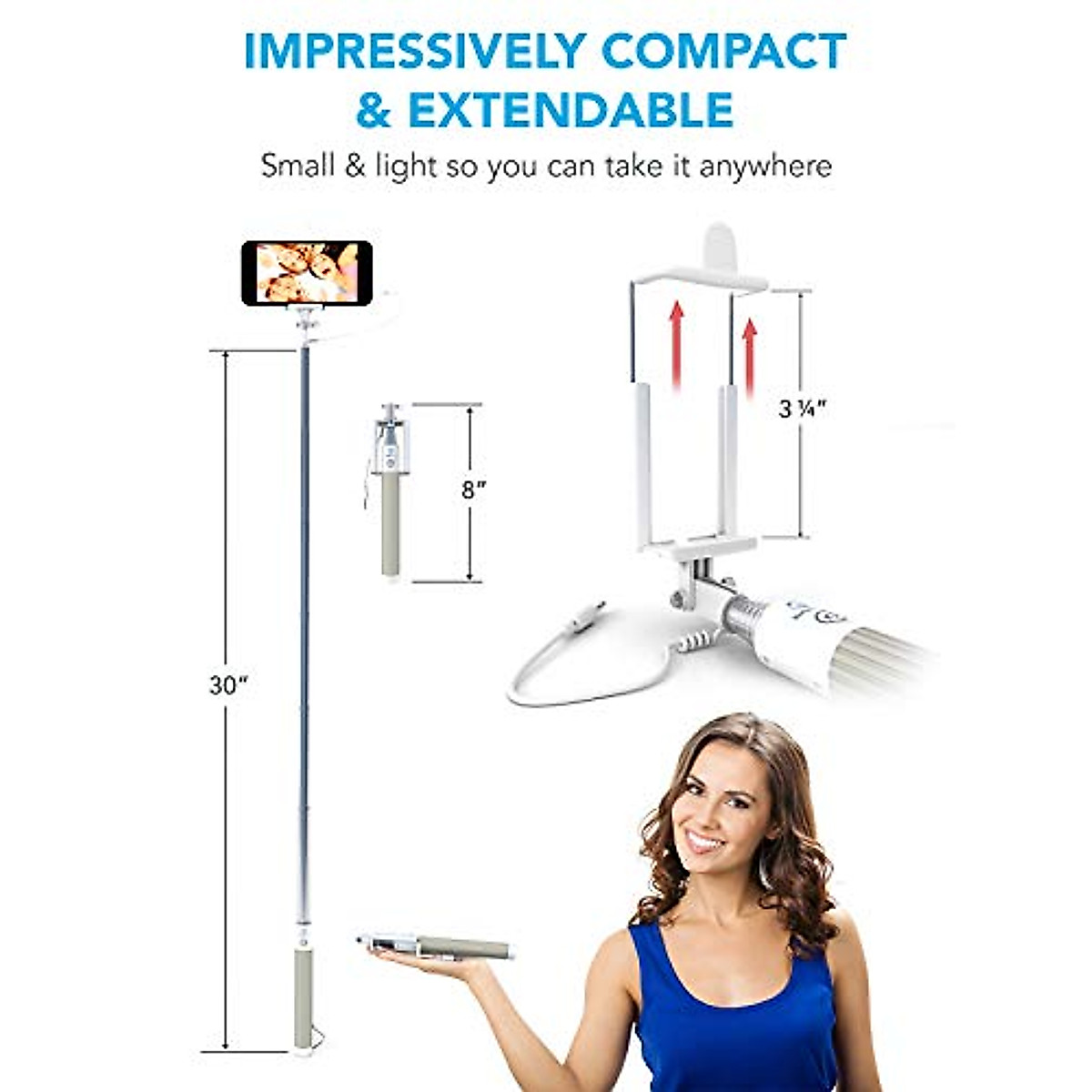 Premium 5-in-1 Wired Selfie Stick for iPhone 11 10 XR XS 9 8 7 6 5, Samsung Galaxy S10 S9 S8 S7 S6 S5 - Takes Selfies in Seconds, Get Perfect HD Photos - No Apps, No Downloads, No Batteries Required