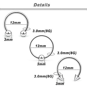 Ocptiy 8G Septum Ring Jewelry Ear Earrring Gauges Tunnel Plug stretching kit Big Large Septum Nose lip Ring Hoop Stainless Surgical Steel Cartilage Helix Tragu Earring Piercing Jewerly Women Men 12mm