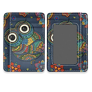 Linomo Thin leather Card Holder and Money Clip Ethnic Owl Flower Wallet RFID Blocking for Men & Women