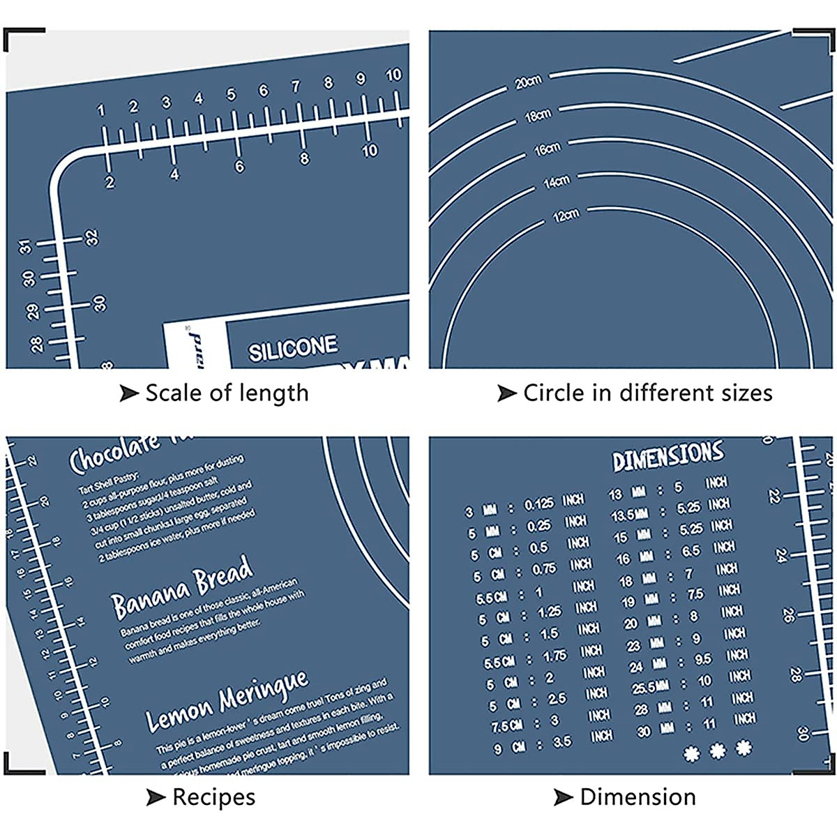 Baking Mats,Silicone Pastry Mat,Silicone Baking Mat for Pastry Rolling Dough with Measurements, BPA Free Non stick and Non Slip Blue Table Sheet Baking Supplies for Bake Pizza Cake