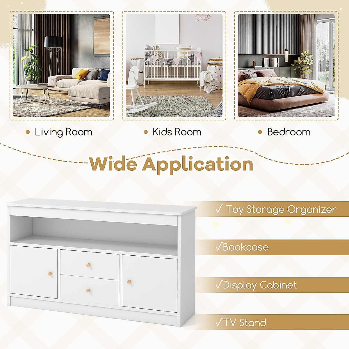 Costzon Toy Storage Organizer, Wooden Kids Bookshelf with 2 Drawers, 2 Cabinets & Open Shelf, Toy Organziers and Storage for Playroom, Bedroom, Nursery (White)