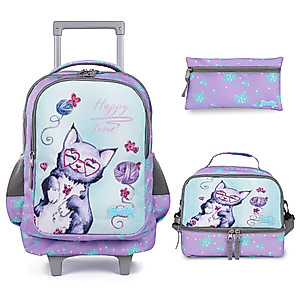 seastig Rolling Backpack for Kids Wheeled Backpack Double Handle Wheeled Backpack with Lunch Bag and Pencil Case Set