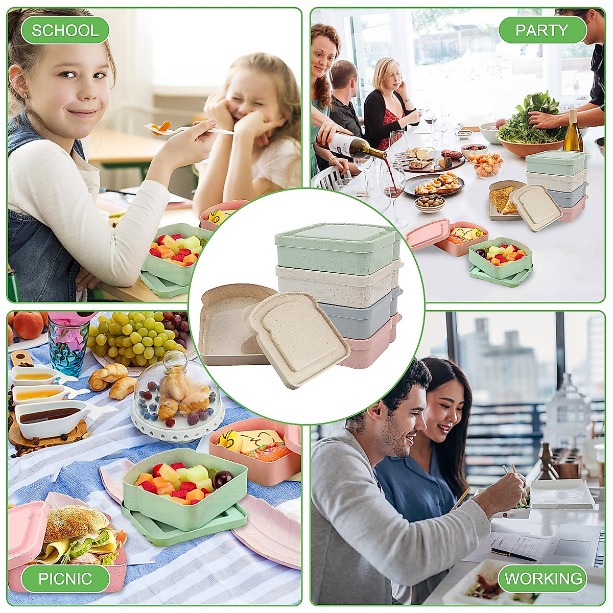 Voittozege 8 Pc Sandwich Containers for Lunch Boxes, 14 oz Plastic Reusable Sandwich Holder with Lid, Microwave & Dishwasher Safe, Family