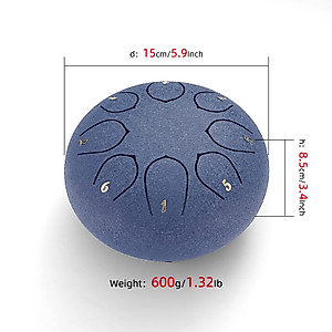 ZXZYHFTY Steel Tongue Drum, 6 Inch 8 Note Rain Chime Drum with Bag, Music Book, Drumsticks, Mallet Holder and Finger Paddles, for Camping, Meditation or Yoga .(Navy Blue)