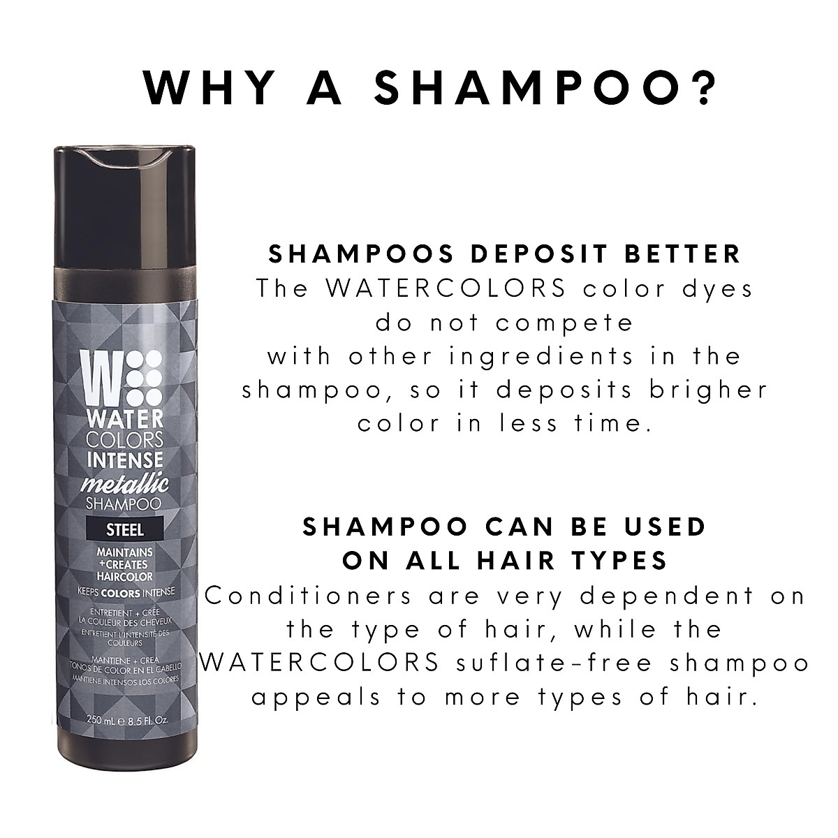 Watercolors INTENSE METALLIC Semi Permanet Color Depositing Shampoo-Sulfate & Paraben Free to Maintain & Enhance Hair Color 8 fl oz - STEEL