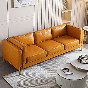 Hommoo Faux Leather Sofa 94" Large 3 Seater Sofa with Removable Cushions Mid Century Modern Couch for Living Room Comfy Couch with Gold Metal Legs Apartment Couch Brown