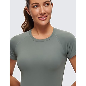 CRZ YOGA Women's Seamless Workout Tops Breathable Short Sleeve Gym Shirts Running Yoga Athletic T-Shirts Grey Sage Large