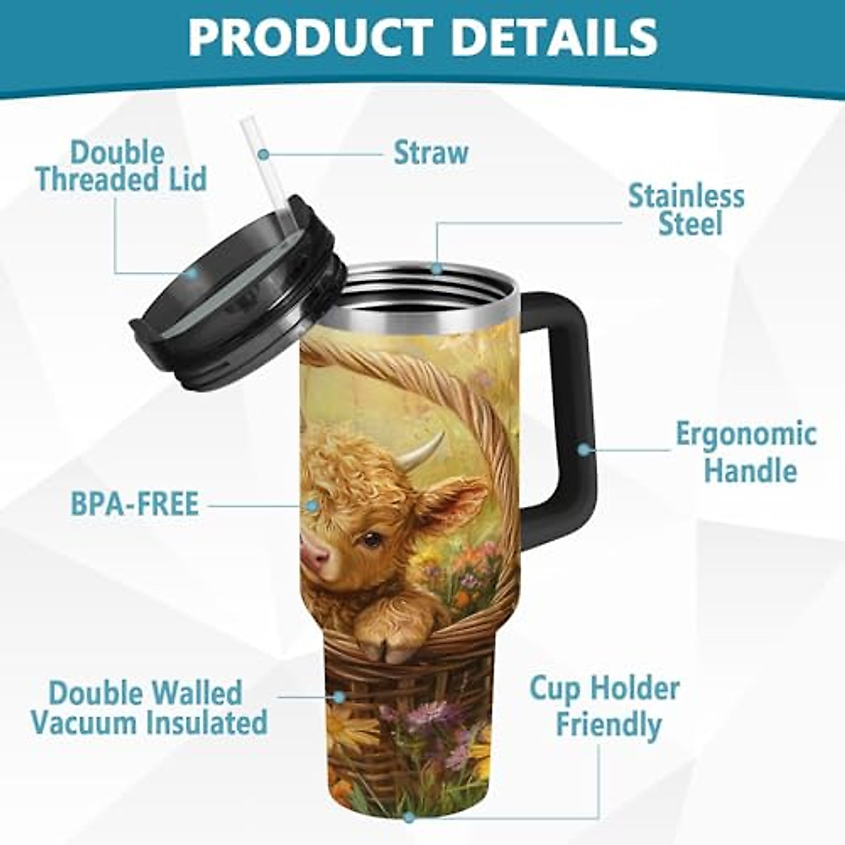 Flradish 30oz Tumbler with Handle, Highland Cow Flowers Stainless Steel Tumbler with Lid and Straws Double Wall Vacuum Insulated Leakproof Coffee Travel Mug