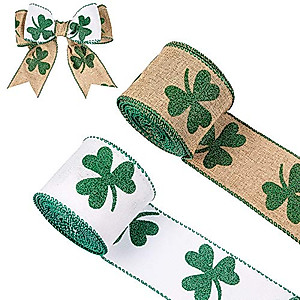 2 Rolls St. Patrick's Day Shamrock Glitter Wired Edge Ribbons Wired Clover Ribbon Shamrock Burlap Ribbons St. Patrick's Day Ornament Hanging Decoration for DIY Wrapping Craft Decor, 20 Yards Totally