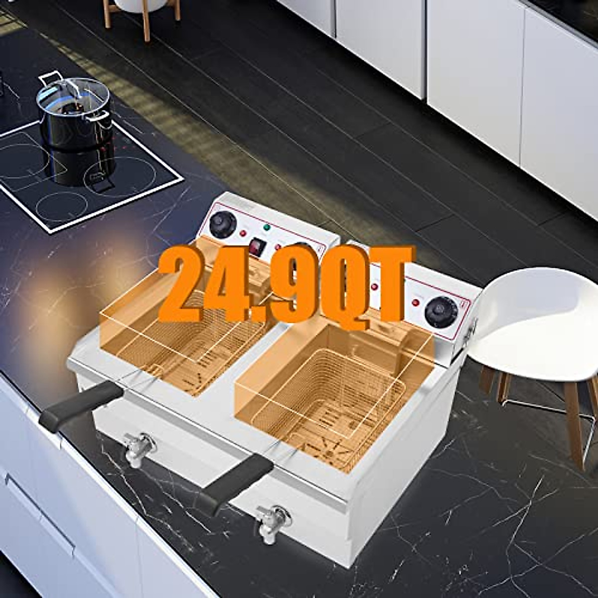 ROVSUN 24.9QT/ 23.6L Electric Deep Fryer w/Frying Baskets Timer Drains & Lids, Dual Tank Kitchen Countertop Commercial Frying Machine, Adjustable Temperature, 3400W 110V 60HZ