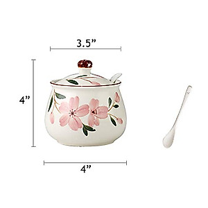Ceramic Japanese Hand Painted Flower Sugar Bowl Seasoning Jar with Lid Spoon