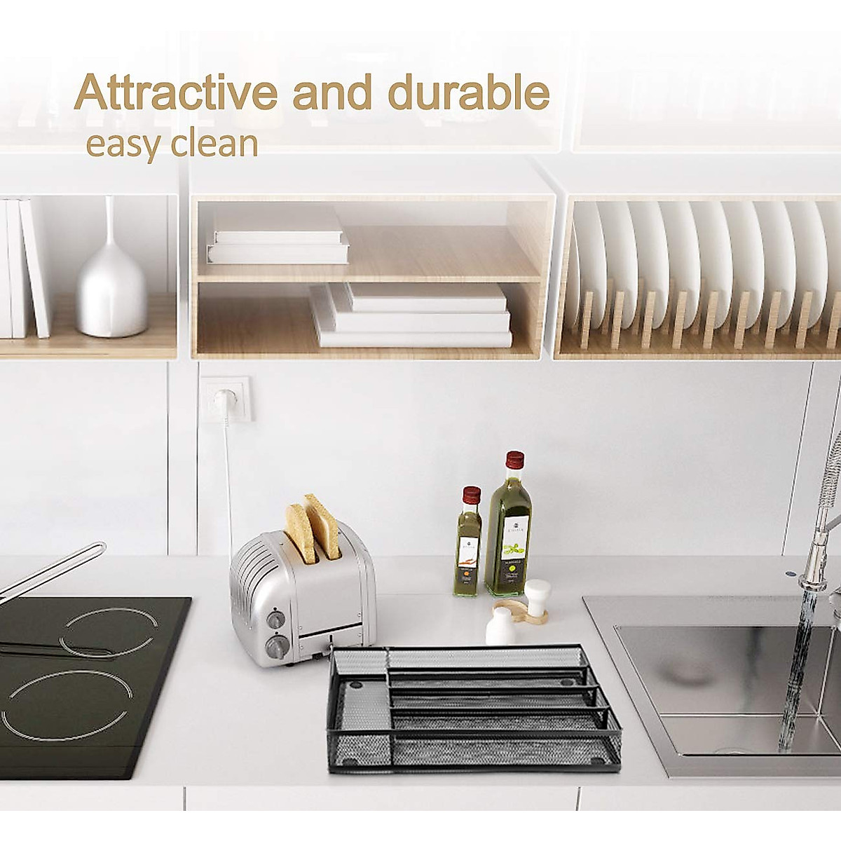 HaWare Silverware Drawer Organizer (12.5 x 9.2Inch), Stainless Steel Sturdy 5 Compartment Flatware Tray Holder Storage Small Utensils Items for Kitchen Office School(Black)