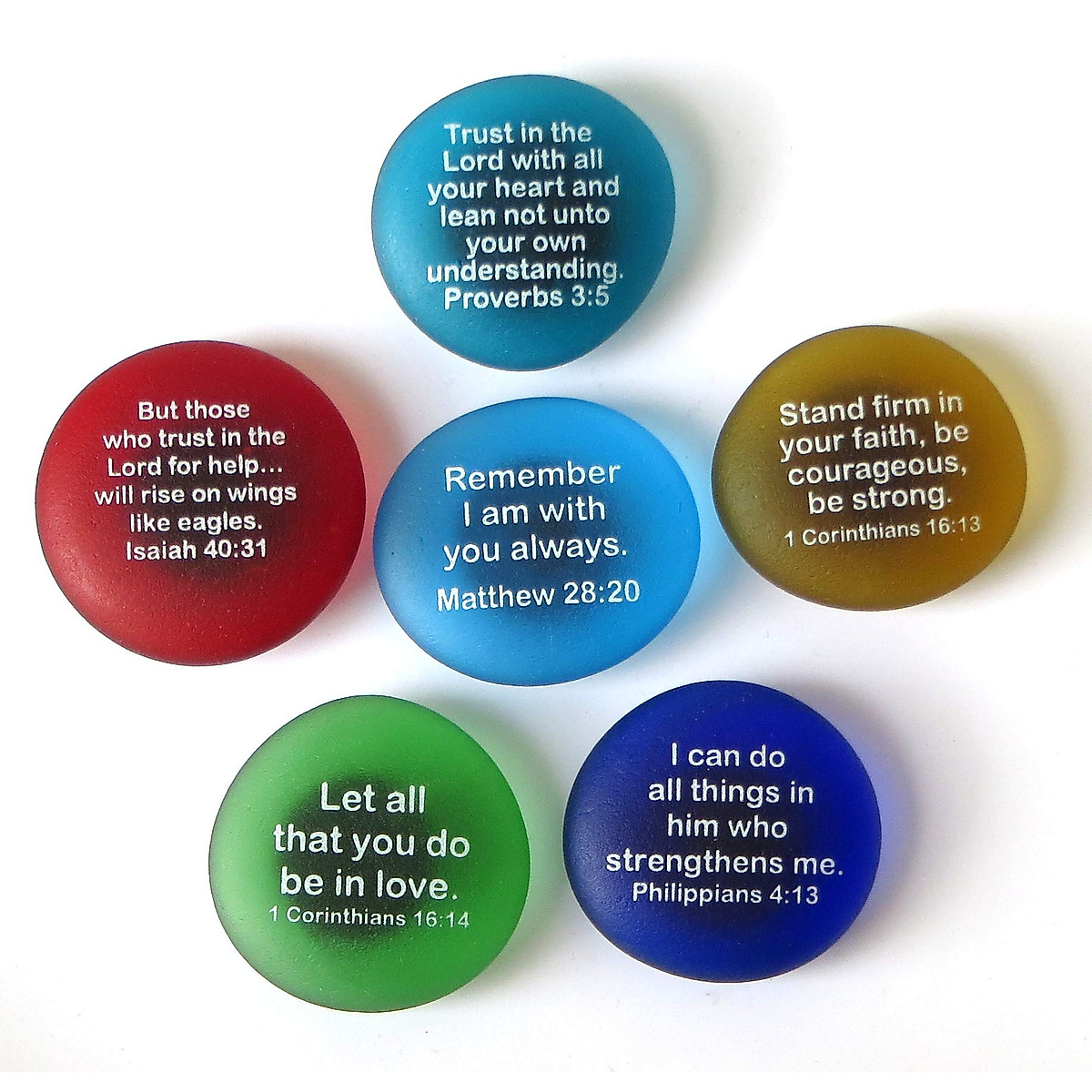 Scripture Magnets, Your Favorite Inspirational Bible Verses Printed On Frosted Sea Glass Stones, Attached to Super-Strong Magnets. by Lifeforce Glass