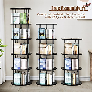 ALLSTAND 5 Tier Rotating Bookshelf, 360 ° Display Stackable Spinning Bookshelf Tower, Corner Bookshelf Tall Floor Standing Swivel Bookcase Narrow Storage Organizer for Bedroom, Living Room, Black