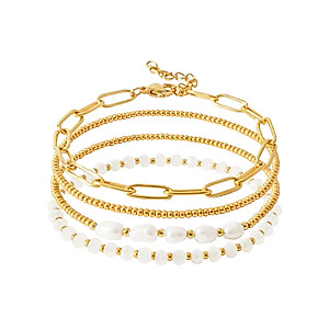 Pymach Dainty Gold Pearl Crystal Beaded Bracelets Set for Women 14K Real Gold Plated Bead Pearl Crystal Beads Bracelet Stackable Paperclip Link Chain Bracelets Gold Bracelets for Women Trendy Jewelry
